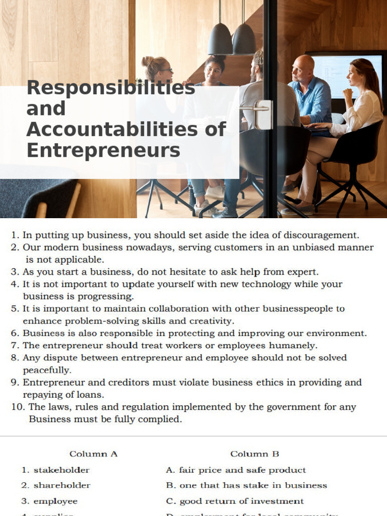 Lesson 6-Responsibilities and Accountabilities of Entrepreneurs | PDF ...