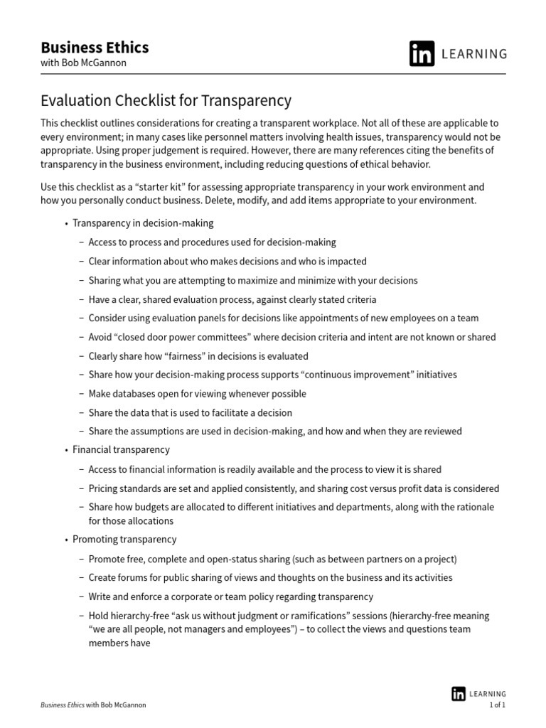 Transparency Evaluation Checklist | PDF | Evaluation | Business Ethics