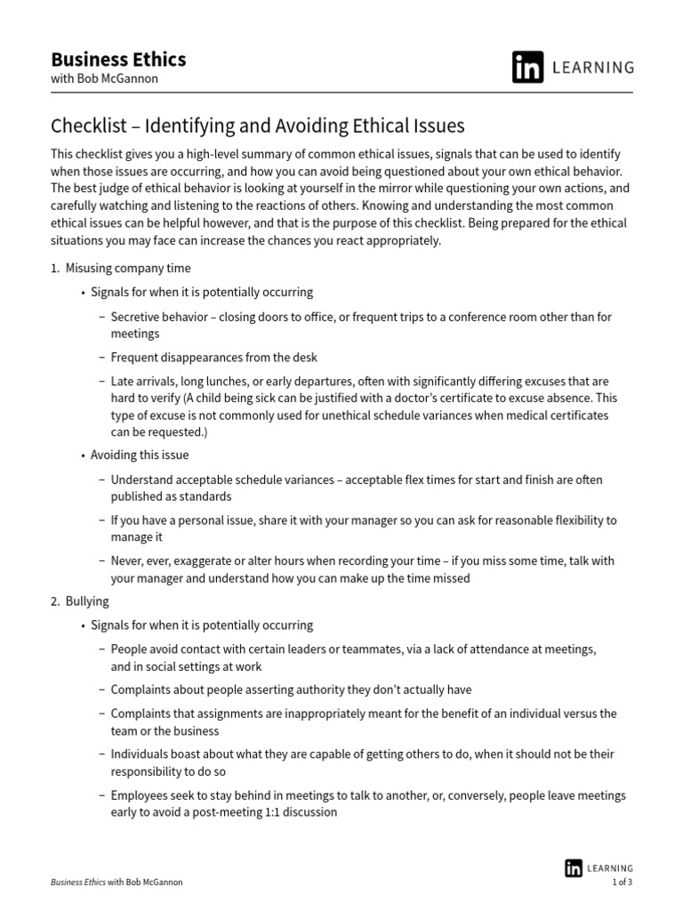 Checklist ΓÇô Identifying and Avoiding Ethical Issues | PDF | Business ...