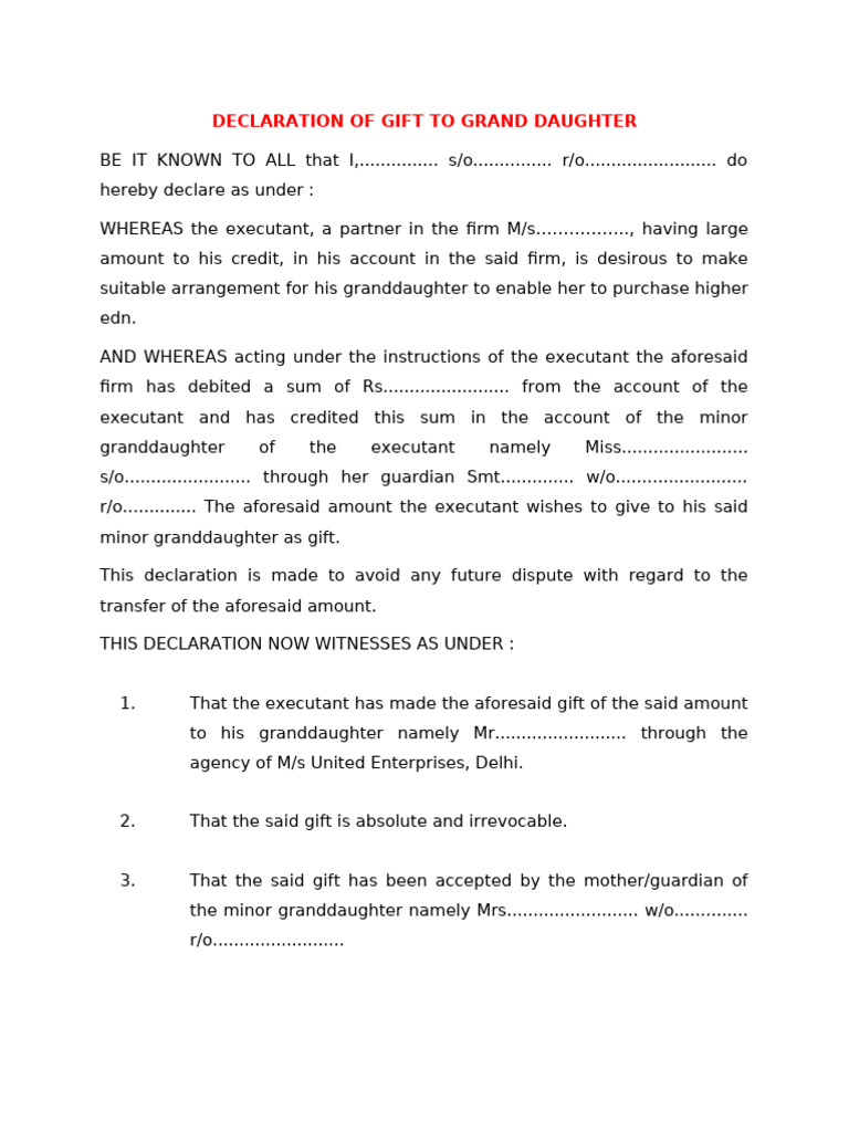 Gift Declaration for Granddaughter | PDF