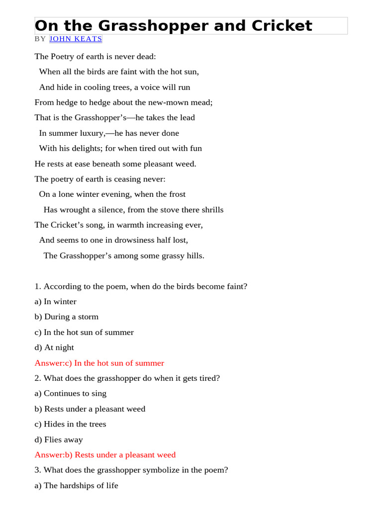 Nature's Poetry: Grasshopper & Cricket | PDF | Poetry