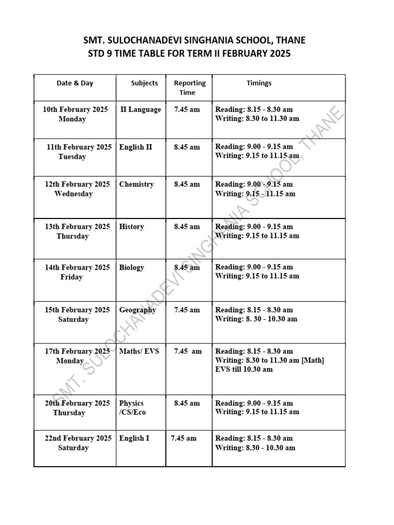STD9 Term2 Timetable February2025 | PDF