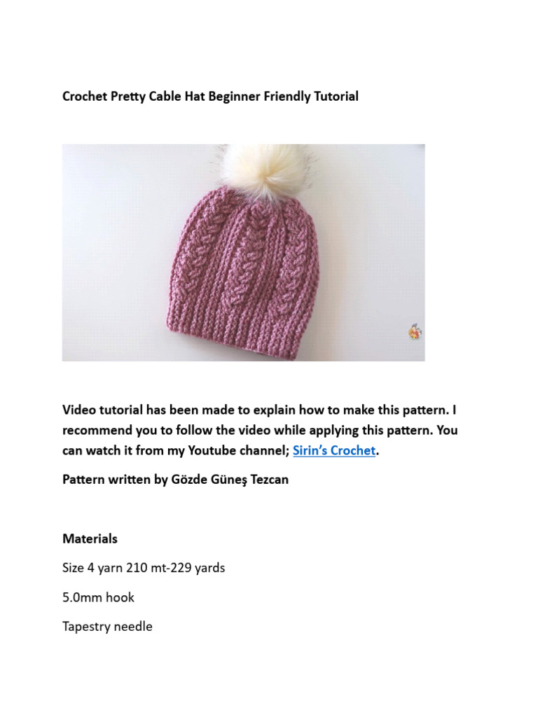 Crochet Pretty Cable Hat Beginner Friendly Tutorial | PDF | Crochet ...