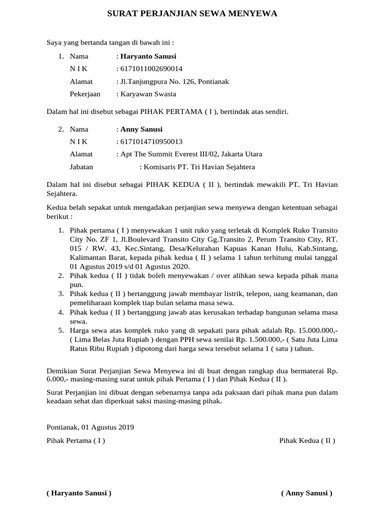 Perjanjian Sewa Ruko PT Tri Havian | PDF