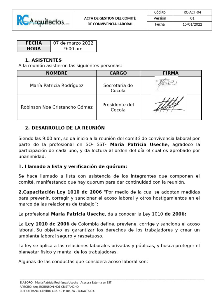 ACTA N°2. VIGIA-convivencia Laboral | PDF