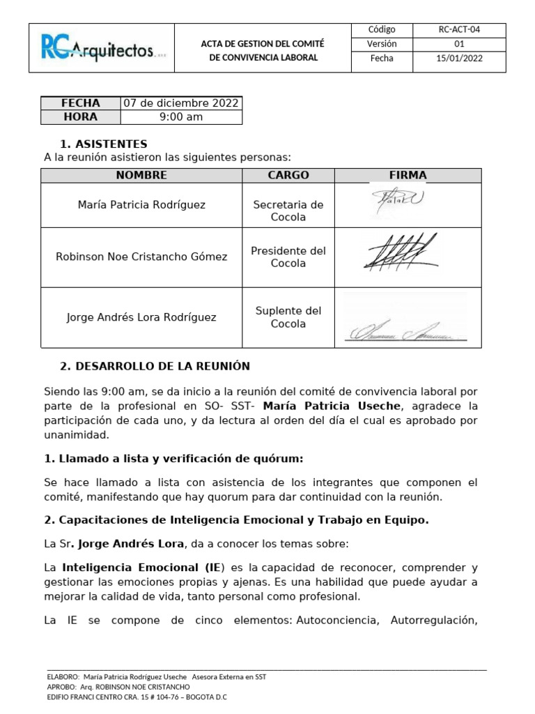 ACTA N°5. VIGIA-convivencia Laboral | PDF | Las emociones | Inteligencia emocional