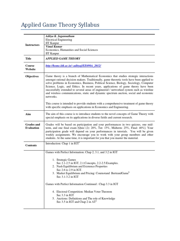 Applied Game Theory Detailed Syllabus | PDF | Game Theory | Economics ...