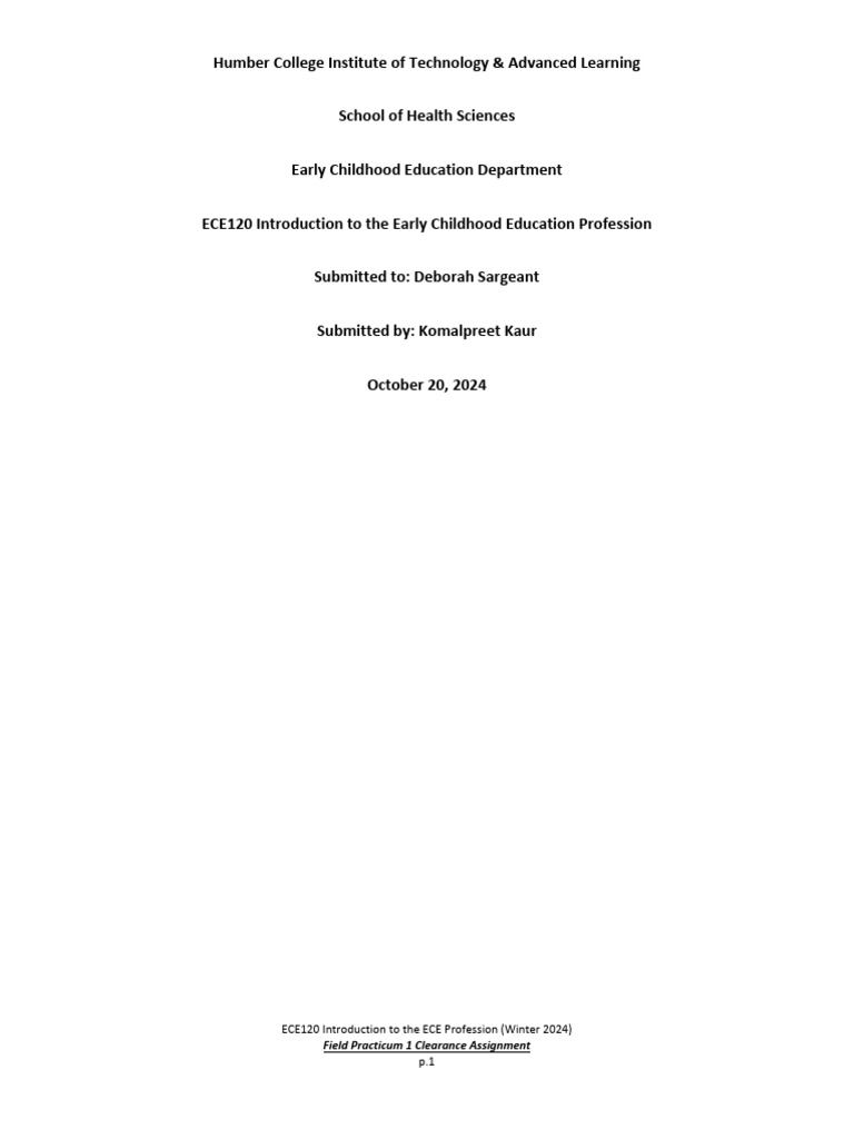 ECEC120 Assignment - Field Practicum 1 Clearance DESCRIPTION & RUBRICS Summer 2024 | PDF ...