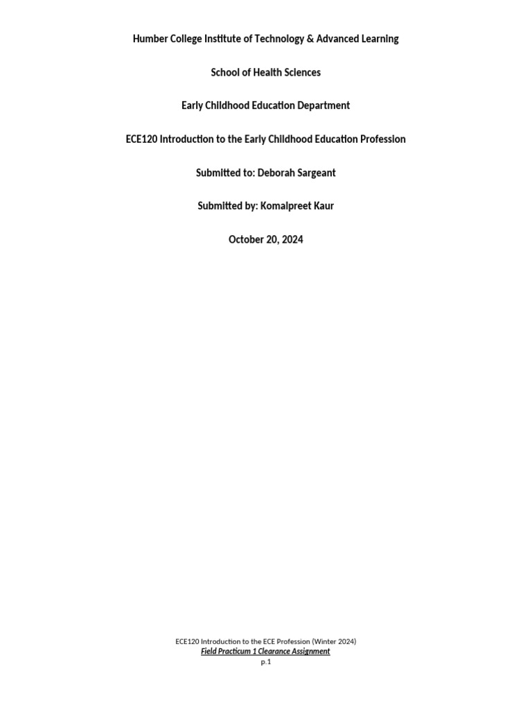 ECEC120 Assignment - Field Practicum 1 Clearance DESCRIPTION & RUBRICS Summer 2024 | PDF ...