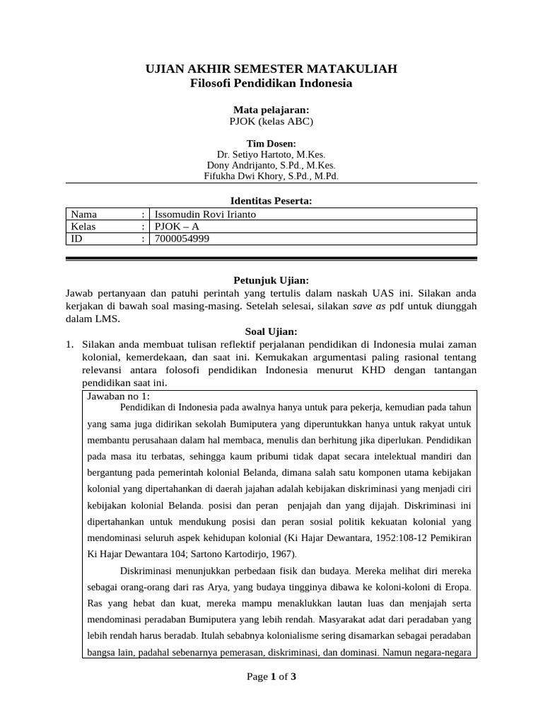 PJOK - Naskah Soal UAS Mk Filosofi Pendidikan Indonesia (1) | PDF