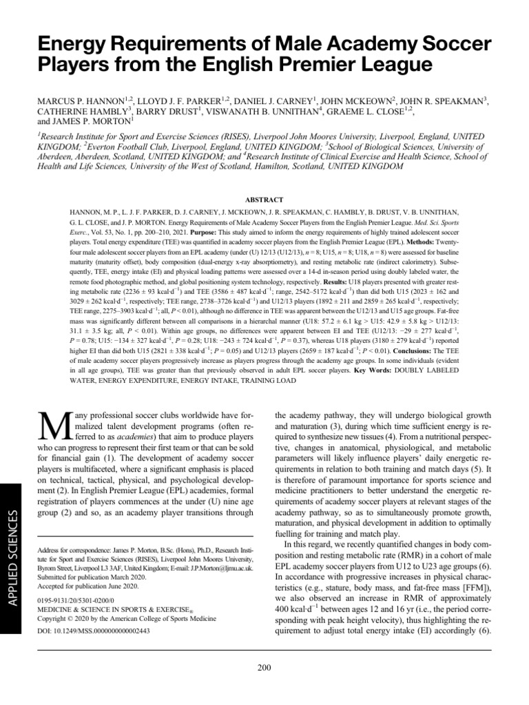 Energy Needs of EPL Academy Soccer Players | PDF | Quantity | Biology