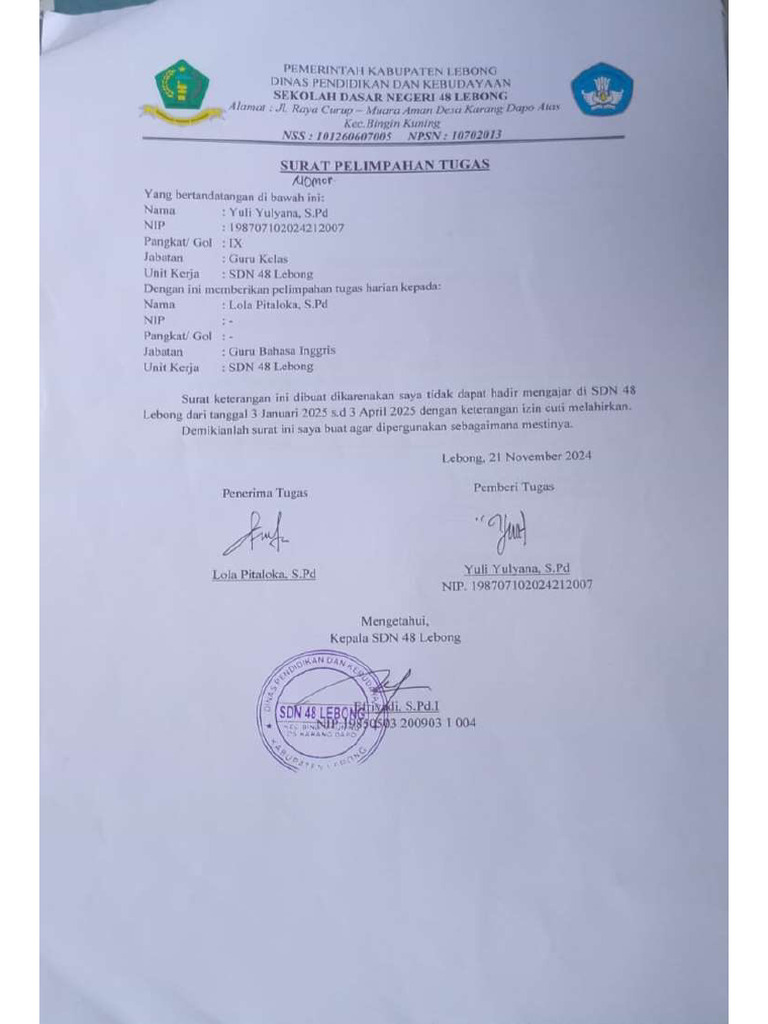 Contoh Pelimpahan Tugas Yuli | PDF