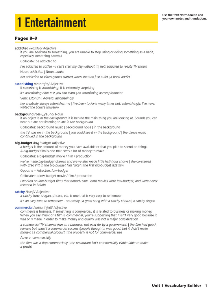 Entertainment Vocabulary and Definitions | PDF | Adjective | Adverb