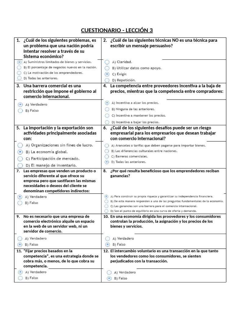 CUESTIONARIO Resuelto Lección 3 | PDF | Precios | El comercio internacional