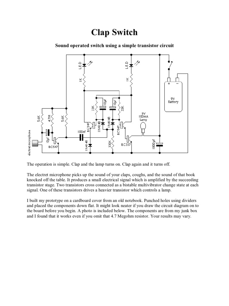 Sound Operated Switch Using A Simple Transistor Circuit | PDF | Relay ...