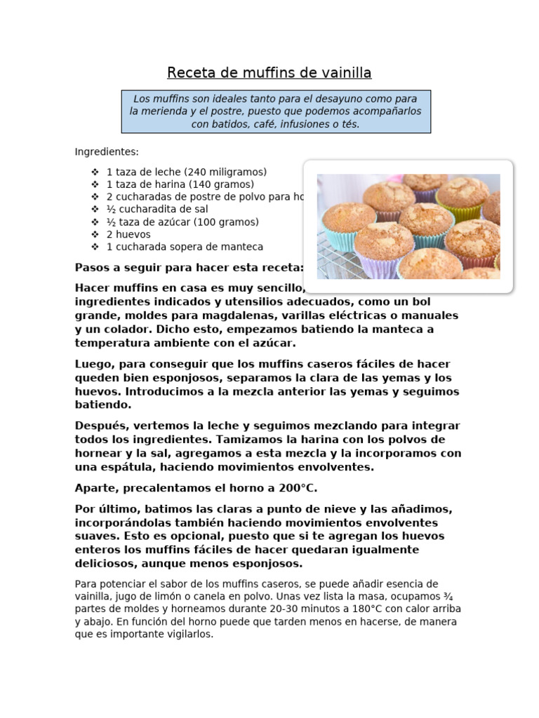Receta de Muffins de Vainilla 2 | PDF | Mollete | Postres