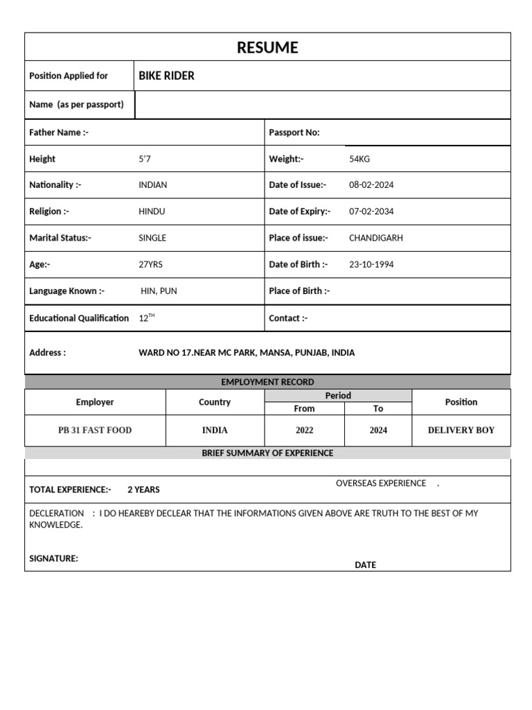 Bike Rider Resume Template | PDF