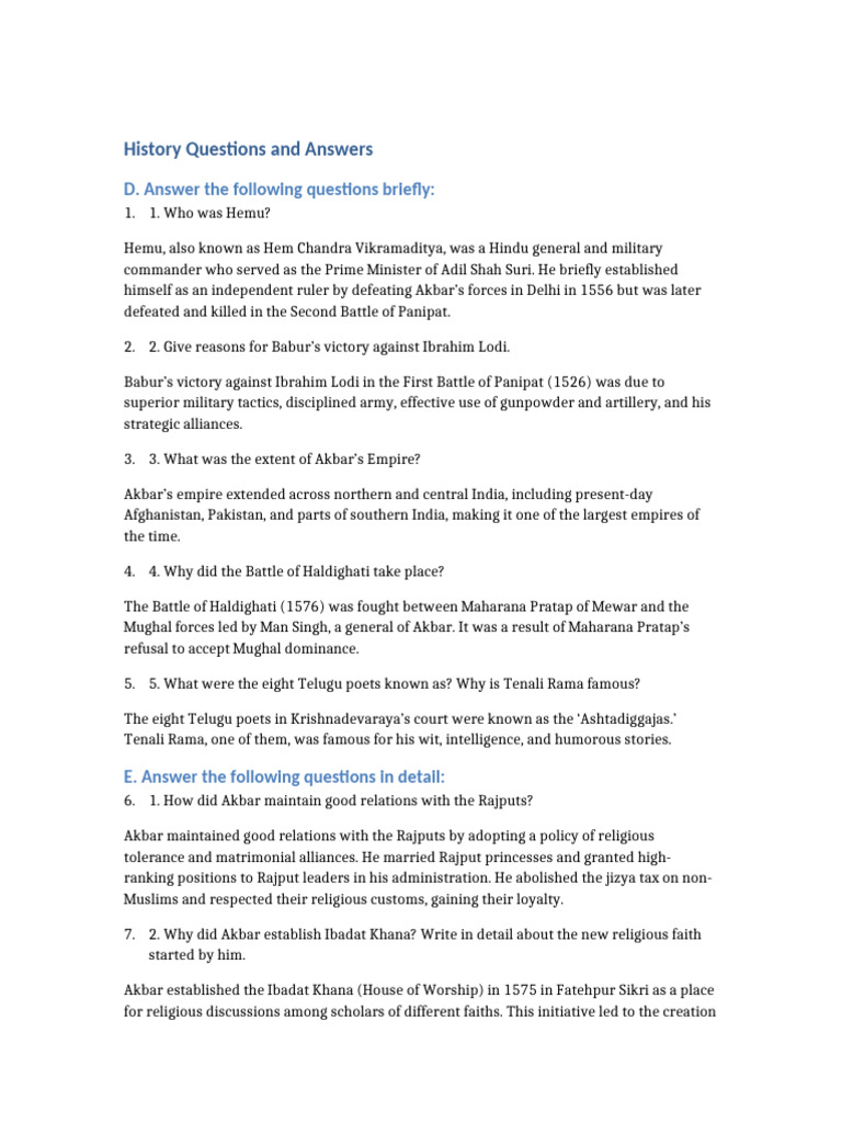 History Questions Answers | PDF