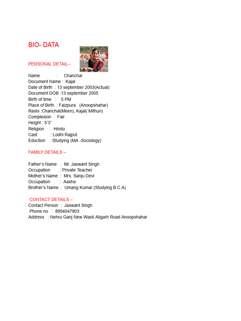 Bio Data of Chanchal Kajal | PDF