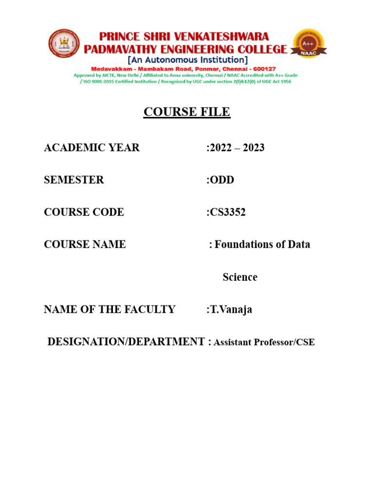 CS3352-Foundations of Data Science - T.vanaja | PDF | Linear Regression ...