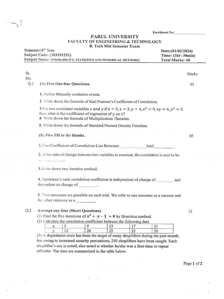 PROBABLITY STATISTICS & NUMERICAL METHODS INTERNAL | PDF