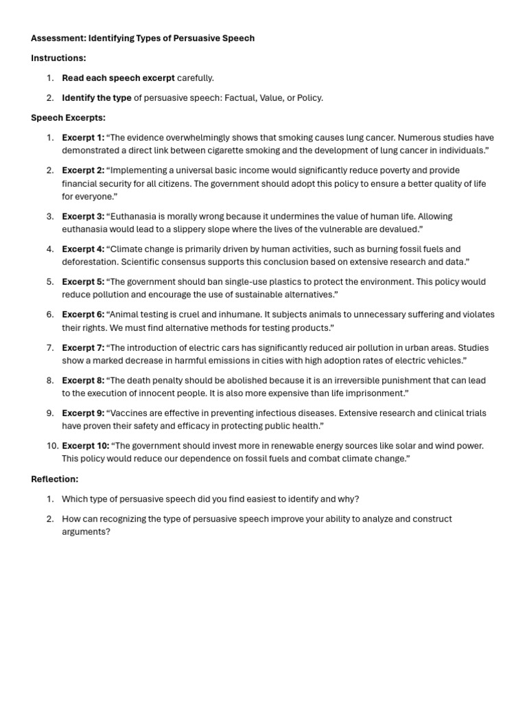 Assessment-Types of Persuasive Speech | PDF