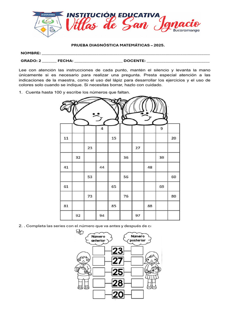 Prueba Diagnóstica Matemáticas 2° Grado | PDF