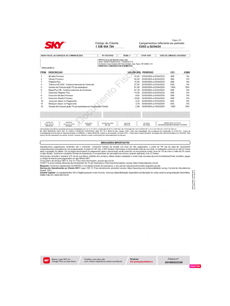 Fatura Sky | PDF
