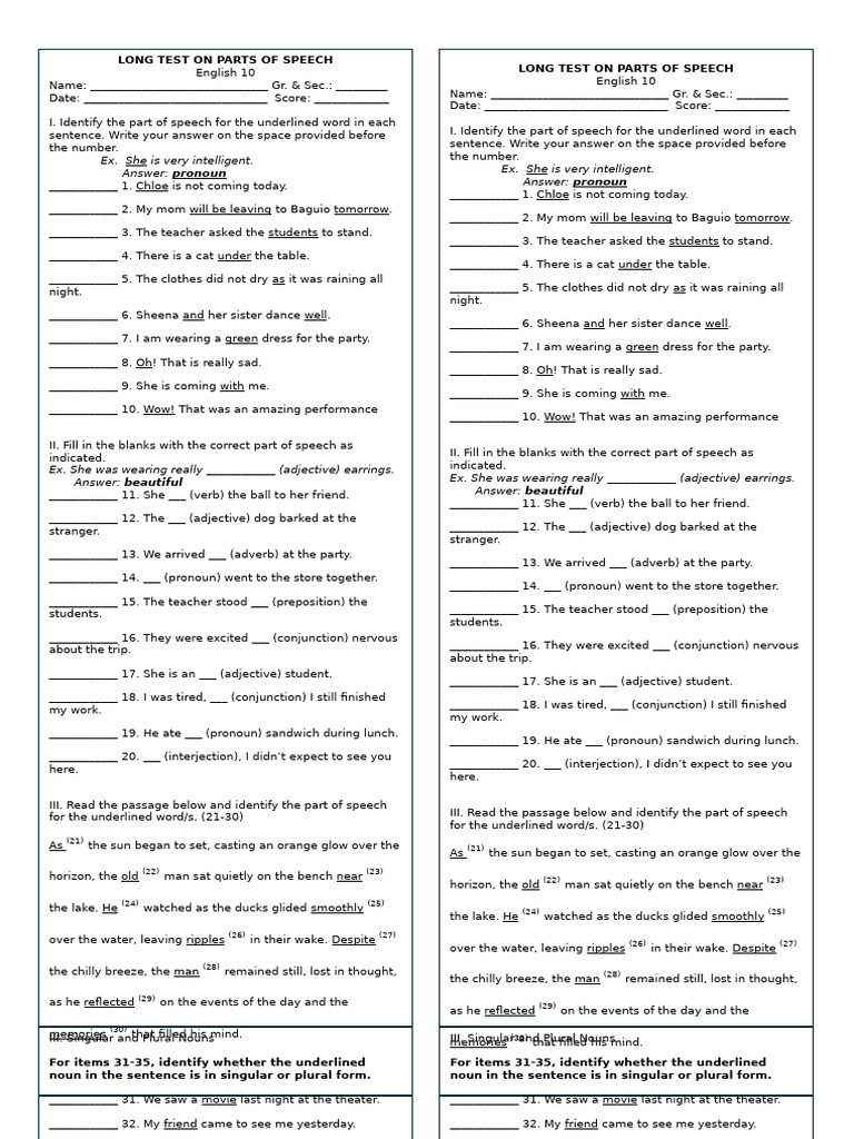 Parts of Speech-Long Test | PDF | Grammatical Number | Part Of Speech