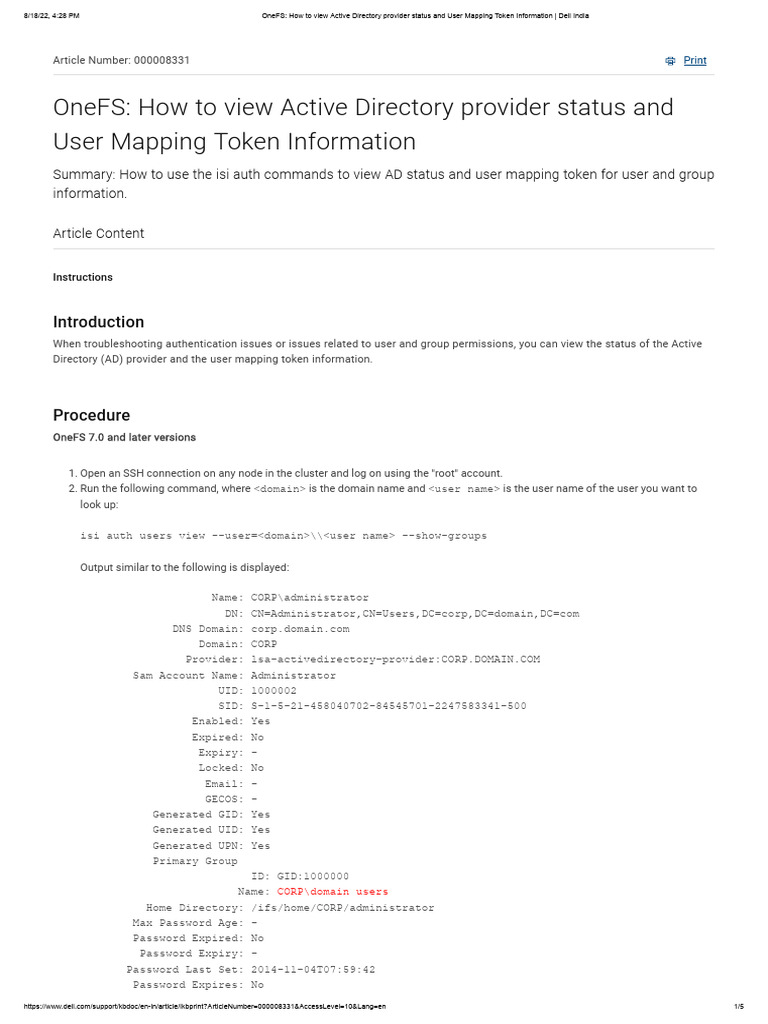 OneFS_ How to view Active Directory provider status and User Mapping Token Information _ Dell ...