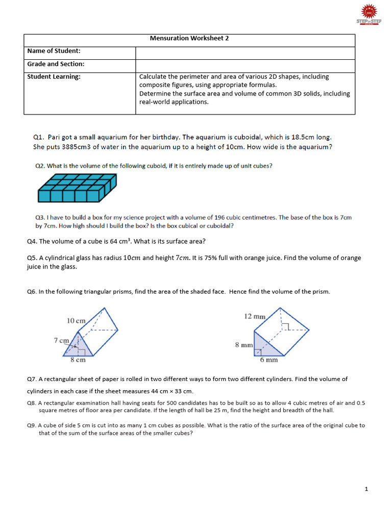 Mensuration Worksheet: Volume & Area Calculations | PDF | Area | Volume