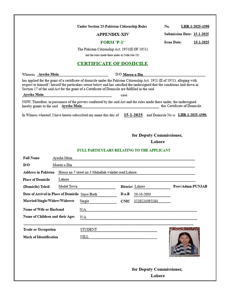 Domicile Format of Lahore District | PDF | Nation | Nationality Law
