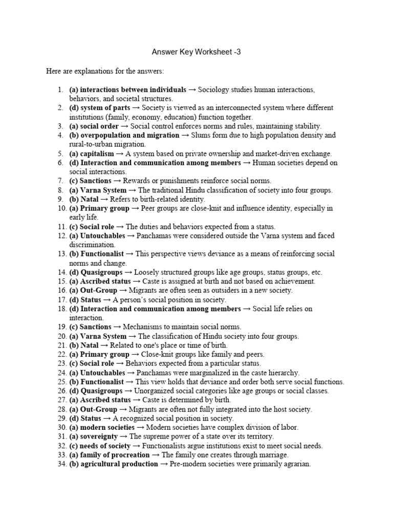 Answer Key of Worksheet-3 Sociology | PDF | Caste | Émile Durkheim