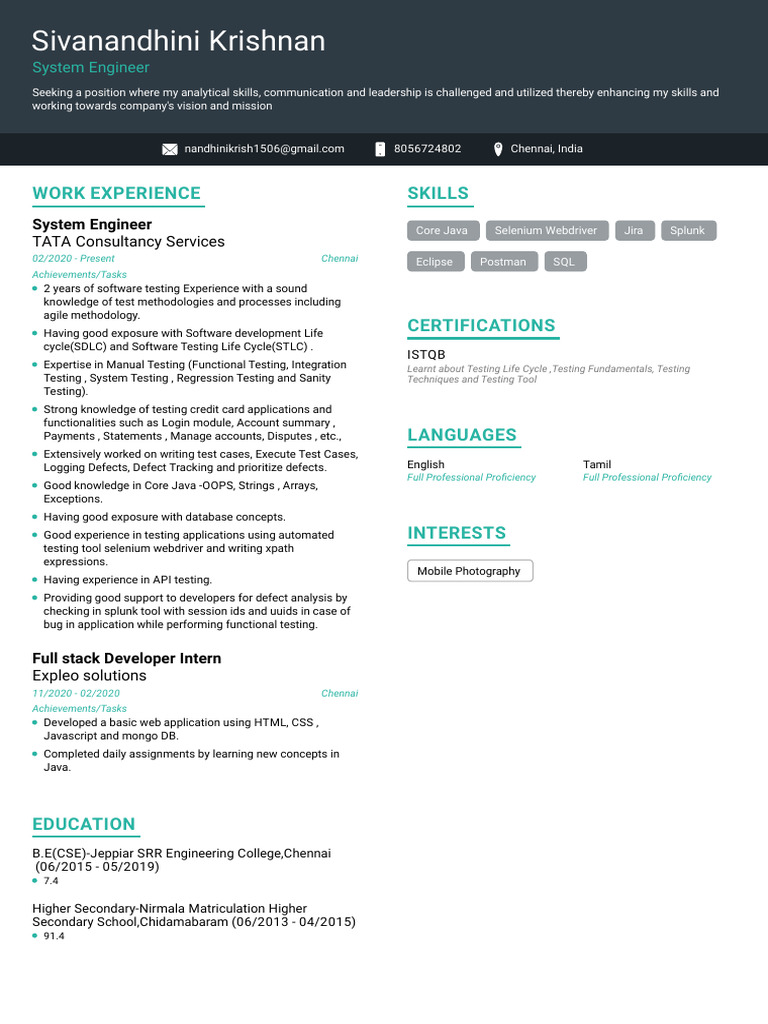 Sivanandhini s Resume | PDF | Selenium (Software) | Software Engineering
