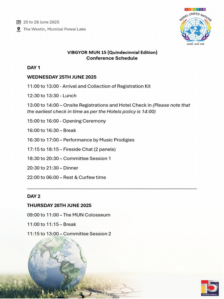 Vibgyor Mun 15 Schedule | PDF