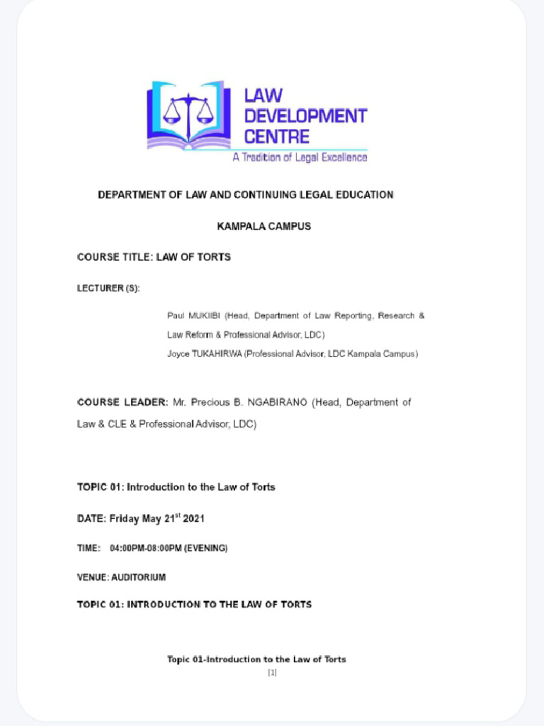 Introduction To Law of Torts | PDF