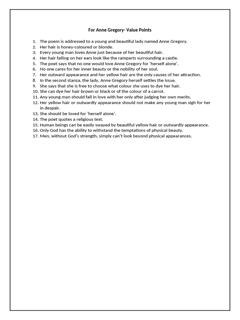 For Anne Gregory Value Points | PDF
