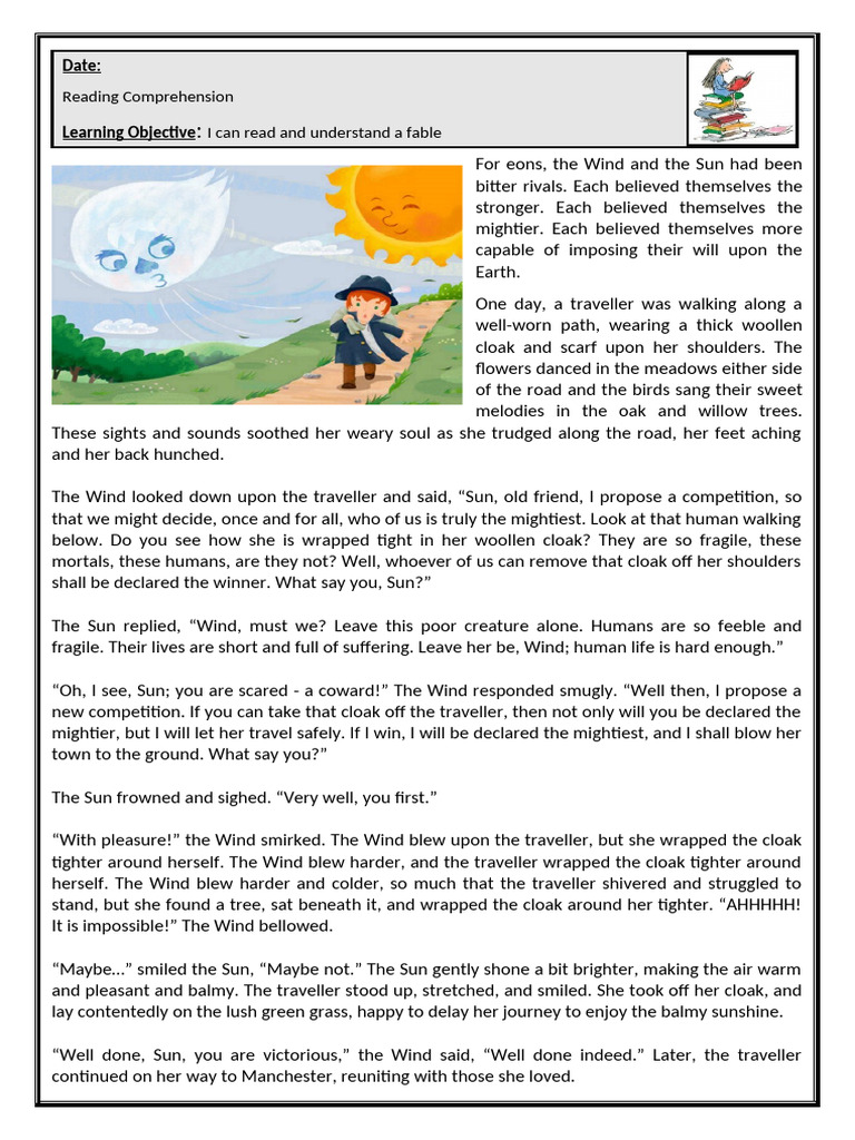 The Wind and The Sun Fable Reading Comprehension TES | PDF