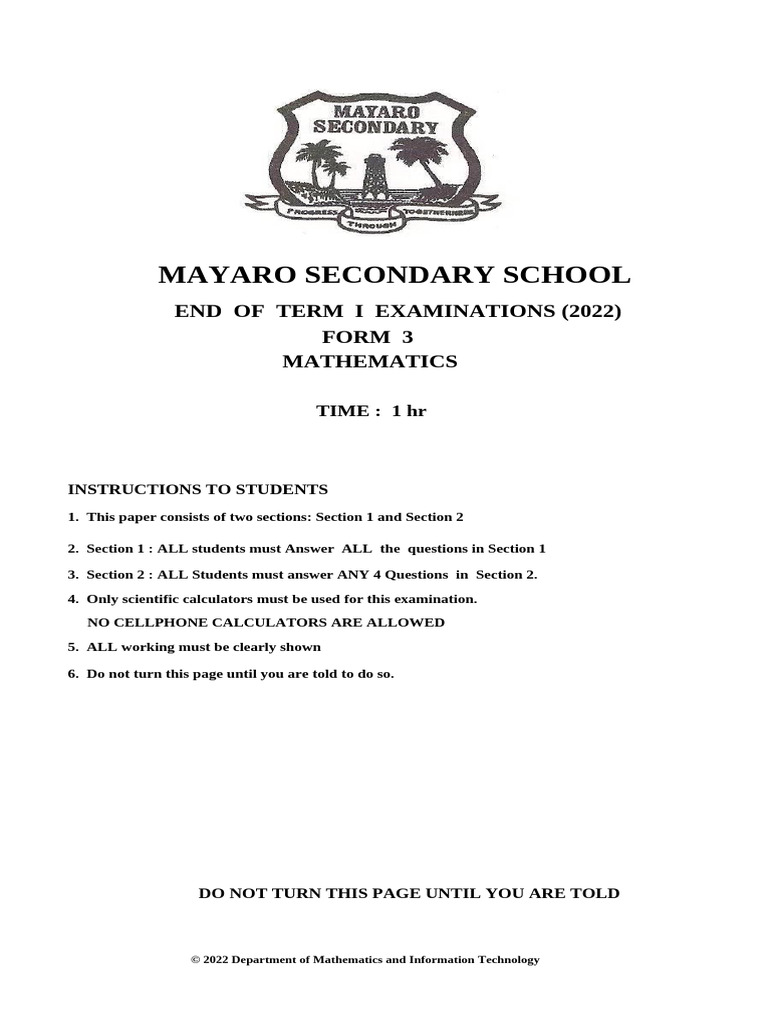 Form 3 Math Exam Instructions | PDF