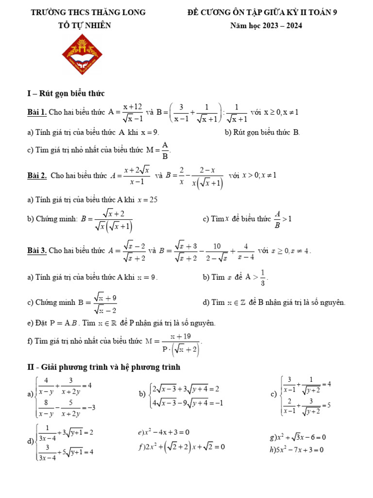 De Cuong Giua Ky 2 Toan 9 Nam 2023 2024 Truong Thcs Thang Long Ha Noi | PDF