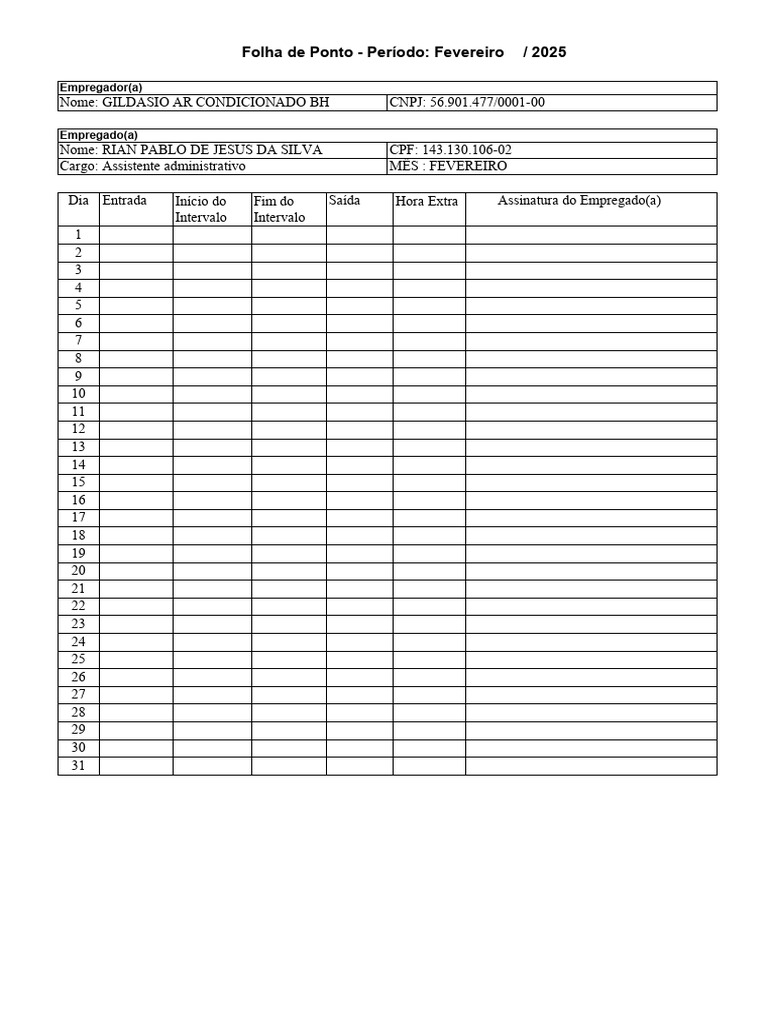 Modelo Folha de Ponto | PDF