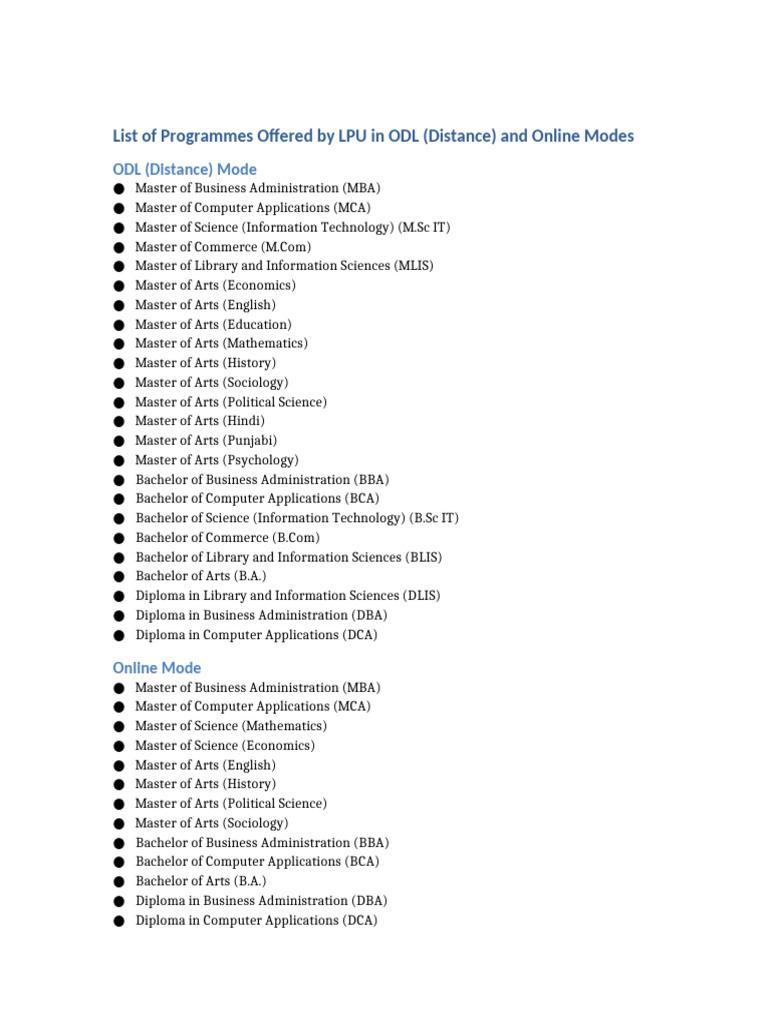 List of Programmes Offered by LPU in ODL ( Distance) and Online Mode | PDF