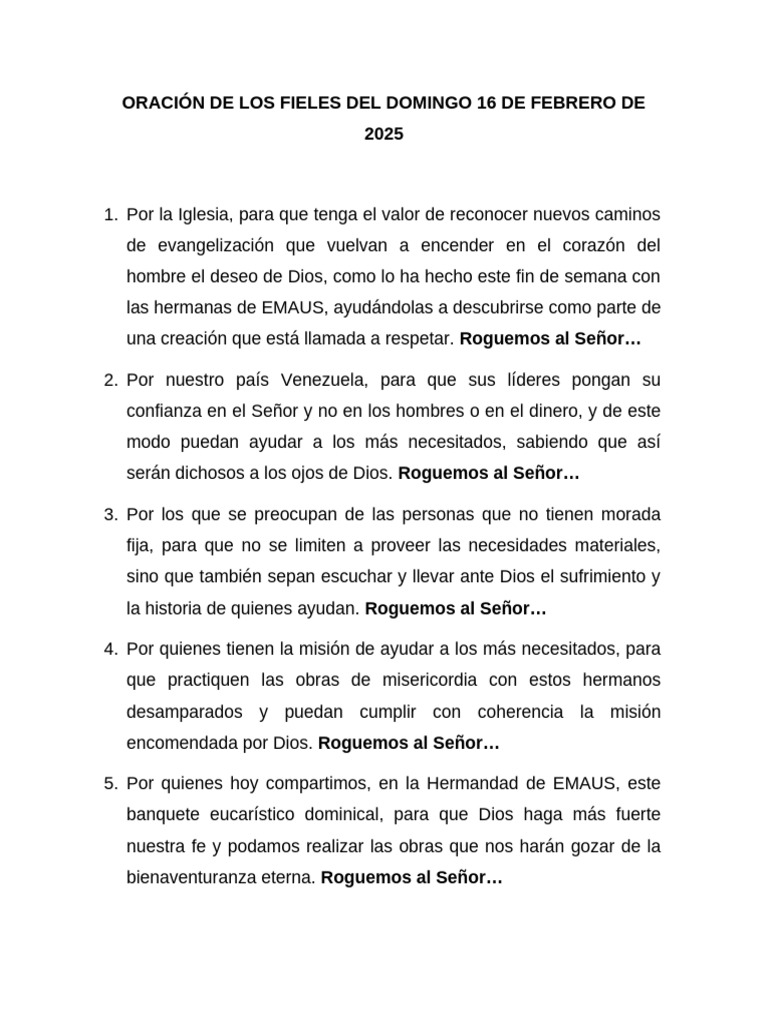 Oración de Los Fieles Del Domingo 16 de Febrero de 2025 | PDF