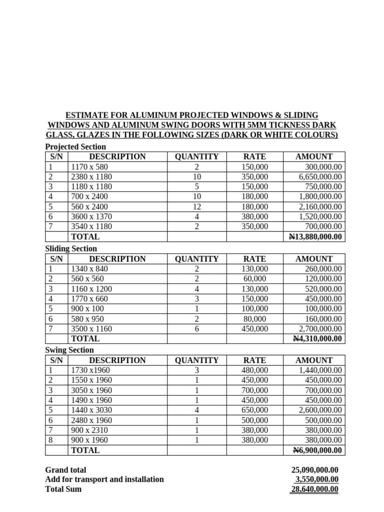 Estimate For Aluminum Projected Windows | PDF