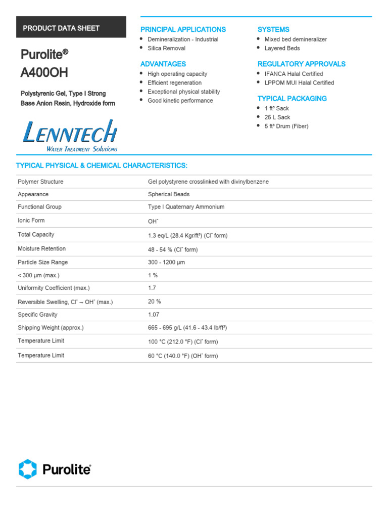 Purolite A400OH L | PDF | Polymer Chemistry | Applied And ...