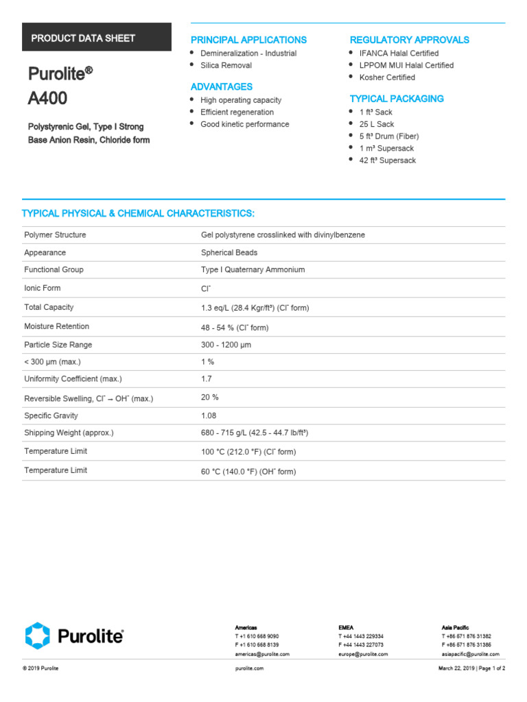 Purolite A400 Anion Resin Specifications | PDF | Polymer Chemistry ...