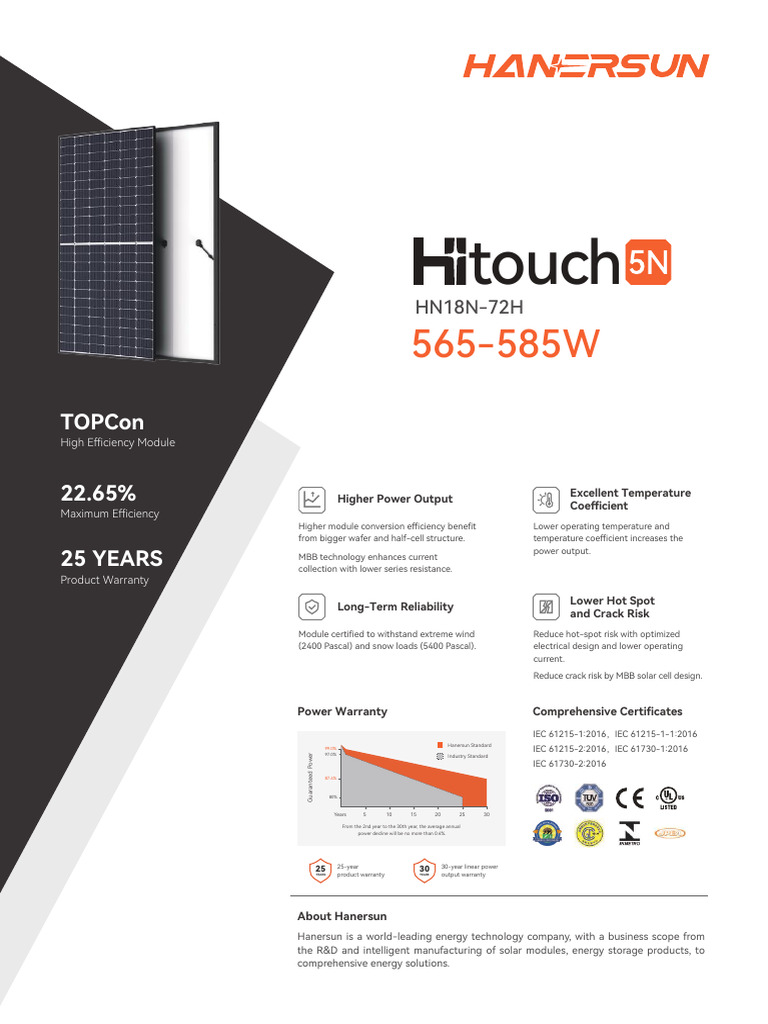 Hanersun HN18N-72H 585W Solar Module | PDF | Solar Panel | Solar Cell