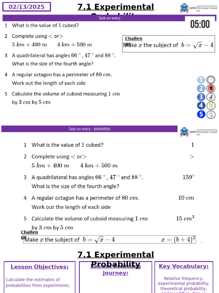 WK 23 - 7.1 Experimental Probability | PDF | Experiment | Probability