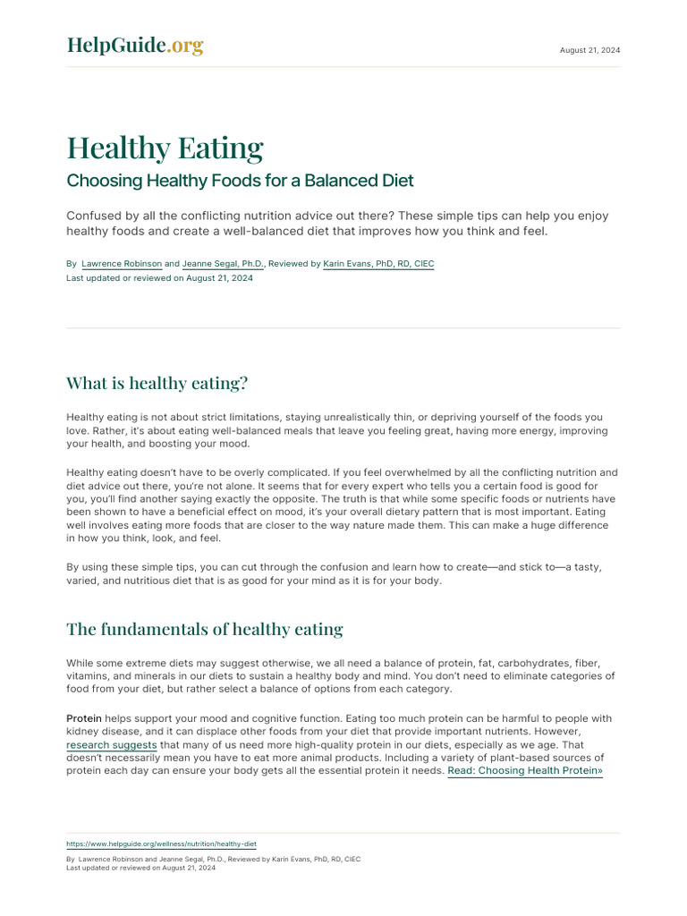 Healthy EatingChoosing Healthy Foods for a Balanced Diet | PDF ...