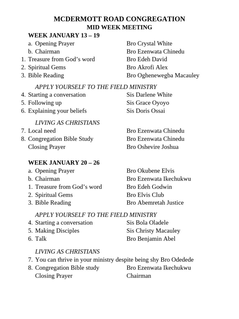 McDermott Road Congregation Meetings Schedule | PDF | Prayer | Bible
